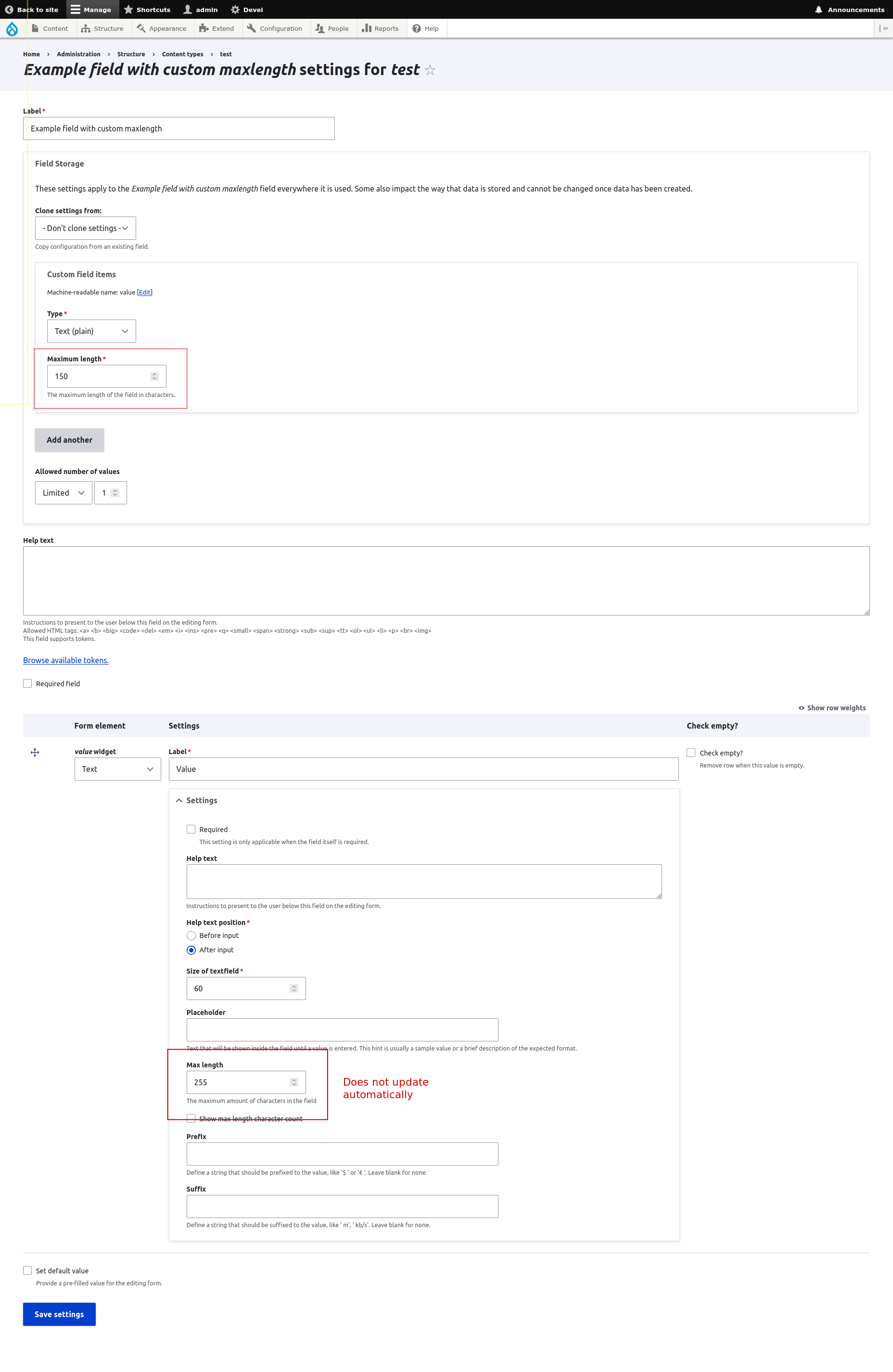 Max length storage/widget settings out of sync. [#3442408] | Drupal.org